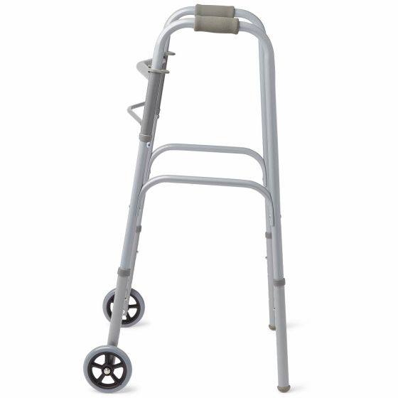 Medline 2-Button Folding Walker w 5in Wheels 400lb 4Ct