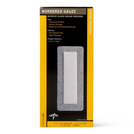 Medline Border Gauze Adhesive Island Wound Dressing 4x10 15Ct