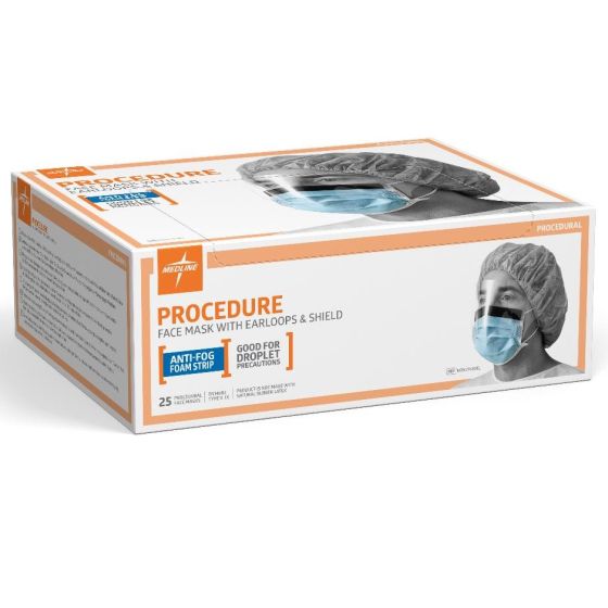 Medline Basic 3-Ply Antifog Face Mask with Eye Shield 25Ct