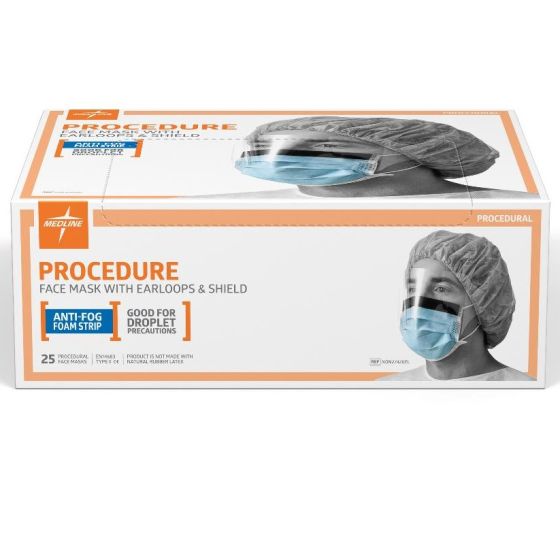 Medline Basic 3-Ply Antifog Face Mask with Eye Shield 25Ct