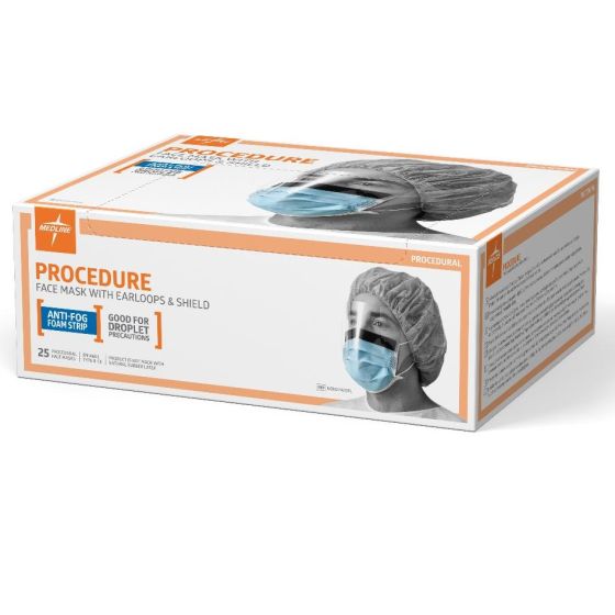 Medline Basic 3-Ply Antifog Face Mask with Eye Shield 25Ct