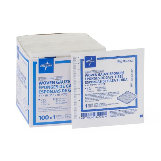 Medline Sterile Woven Cotton Gauze Sponge 12-Ply 4in x 4in 100Ct
