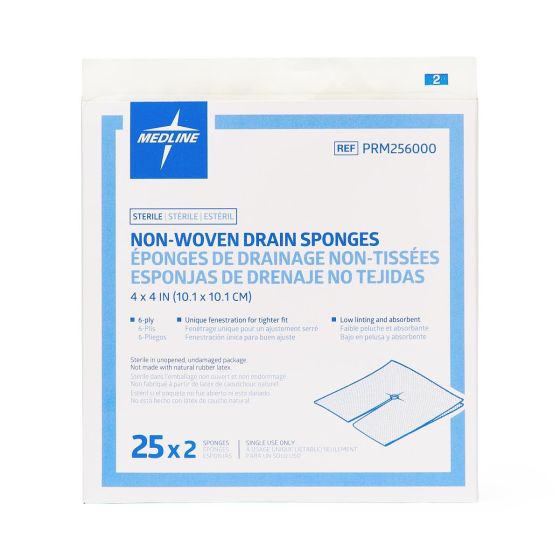 Medline Sterile Nonwoven Drain Sponge 2s 6ply 4x4 600Ct
