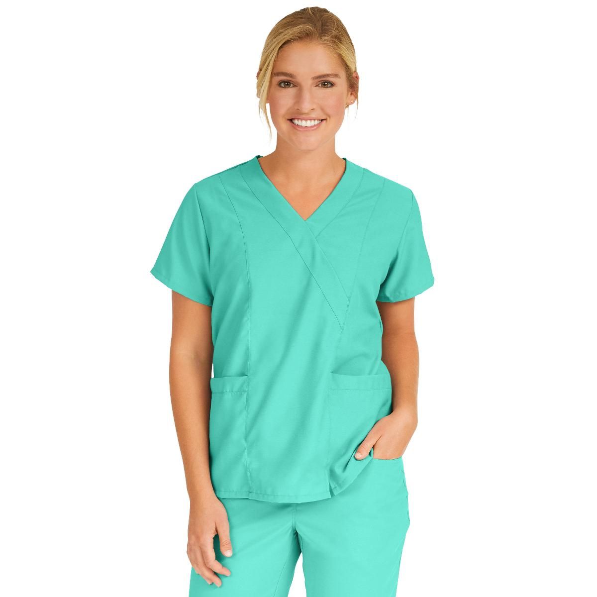 PerforMAX Women's Mock Wrap 2-Pocket Tunic Scrub Top, Size S, Jade