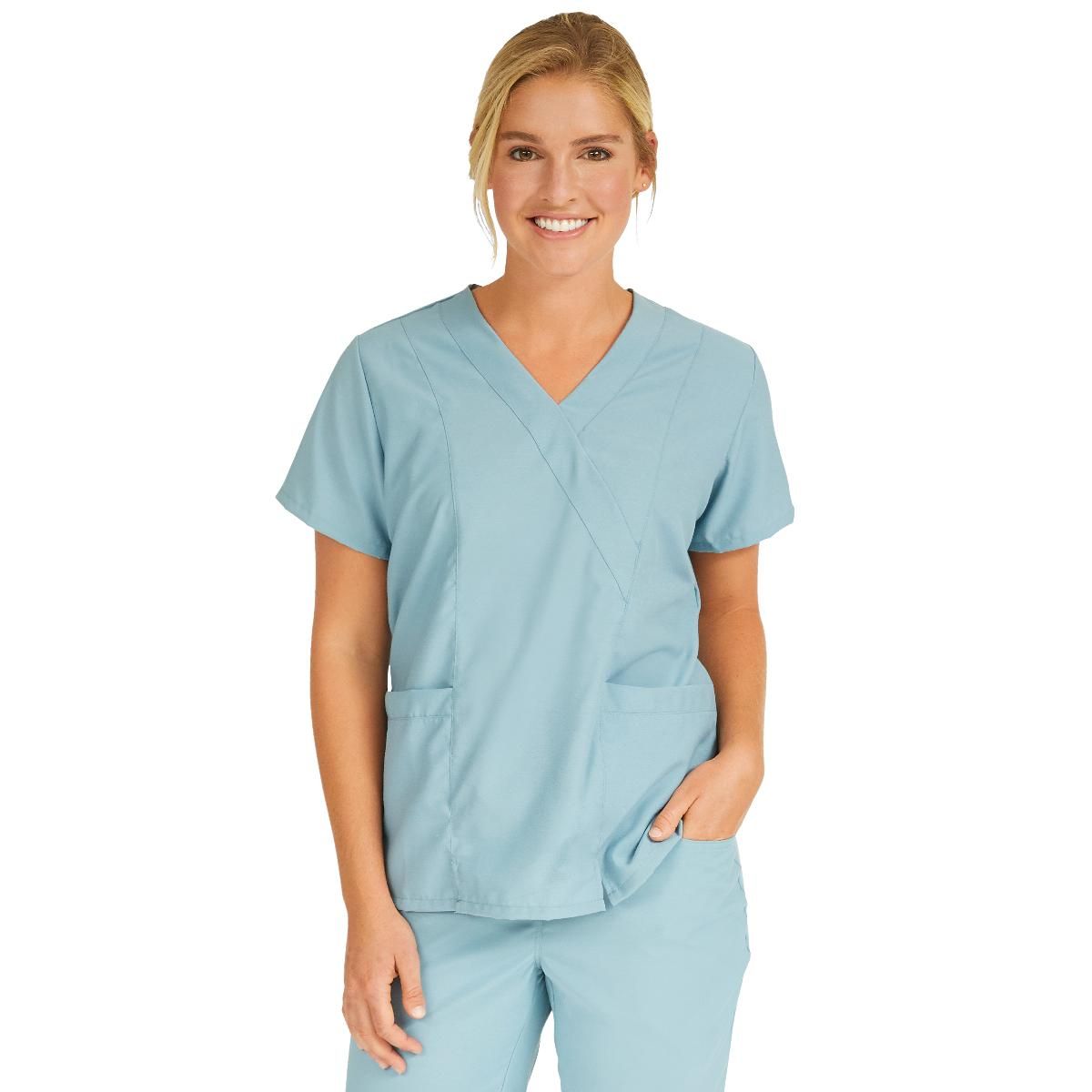 PerforMAX Women's Mock Wrap 2-Pocket Tunic Scrub Top, Size 2XL, Misty