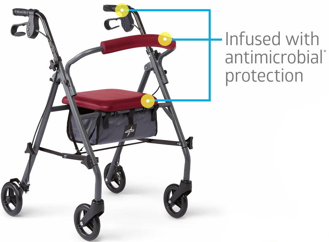Medline Basic Steel Rollator Microban 6in Burgundy 1Ct