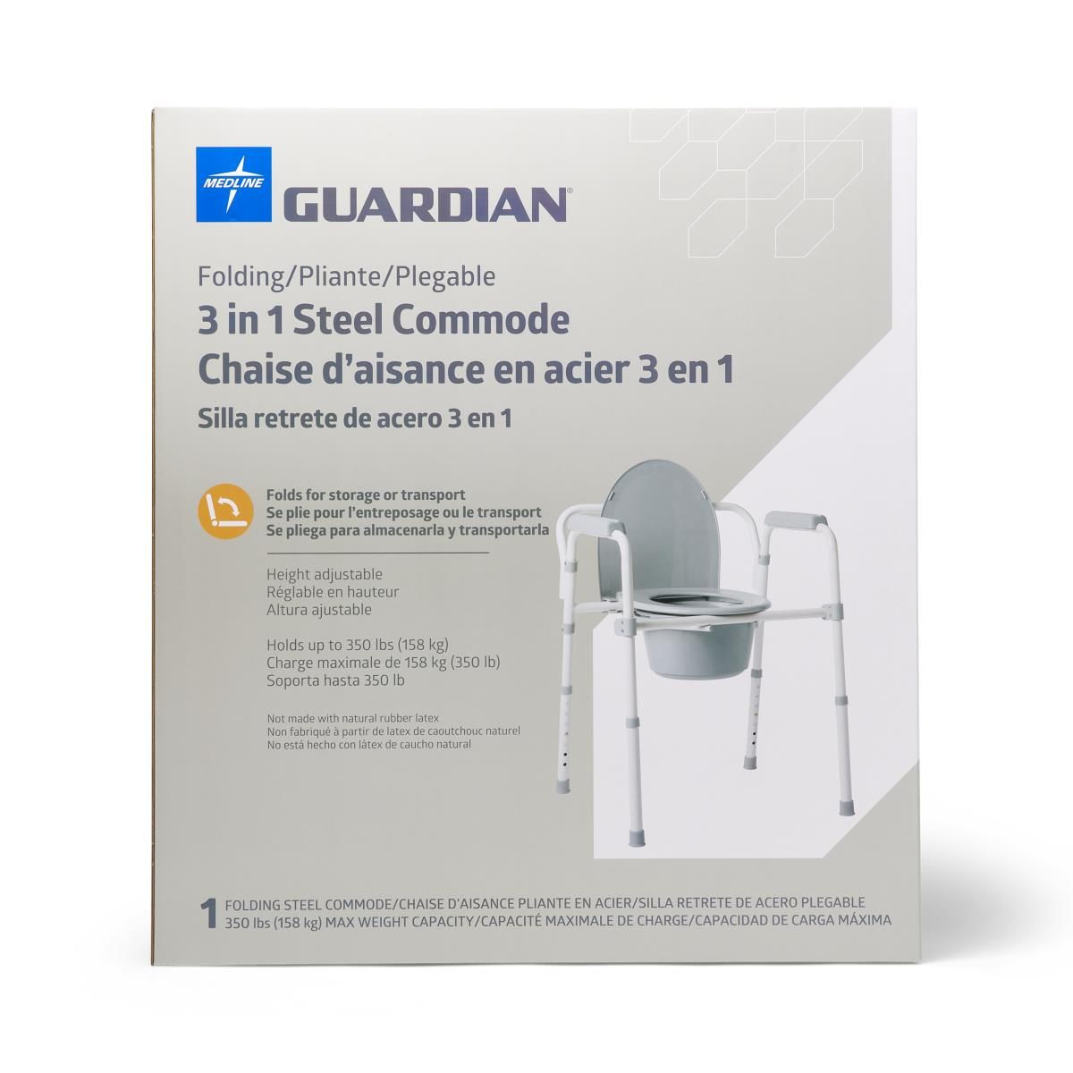 Medline 3-in-1 Folding Steel Commode Retail 350lb Cap 1Ct