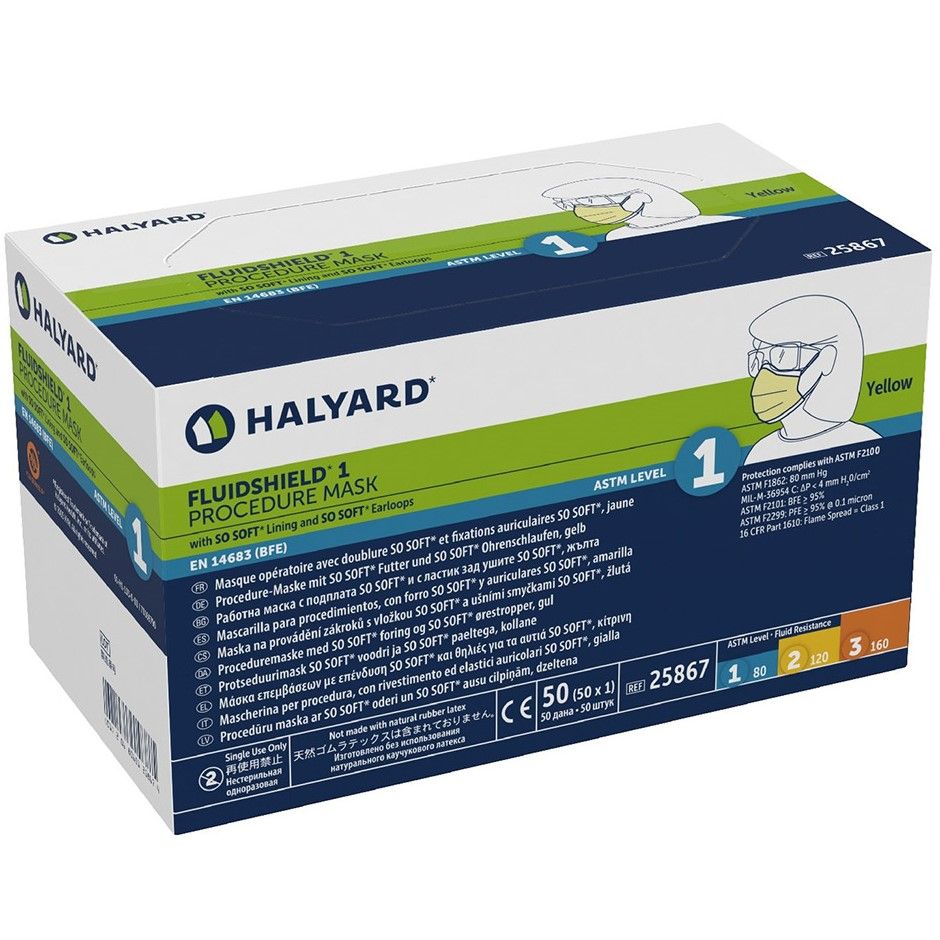Halyard FLUIDSHIELD ASTM Level 1 Yellow Face Mask 50Ct
