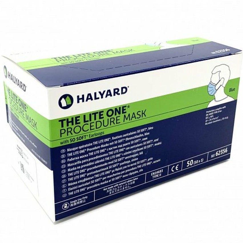 Halyard Lite One Blue 3-Ply Face Mask with Ear Loops 50Ct