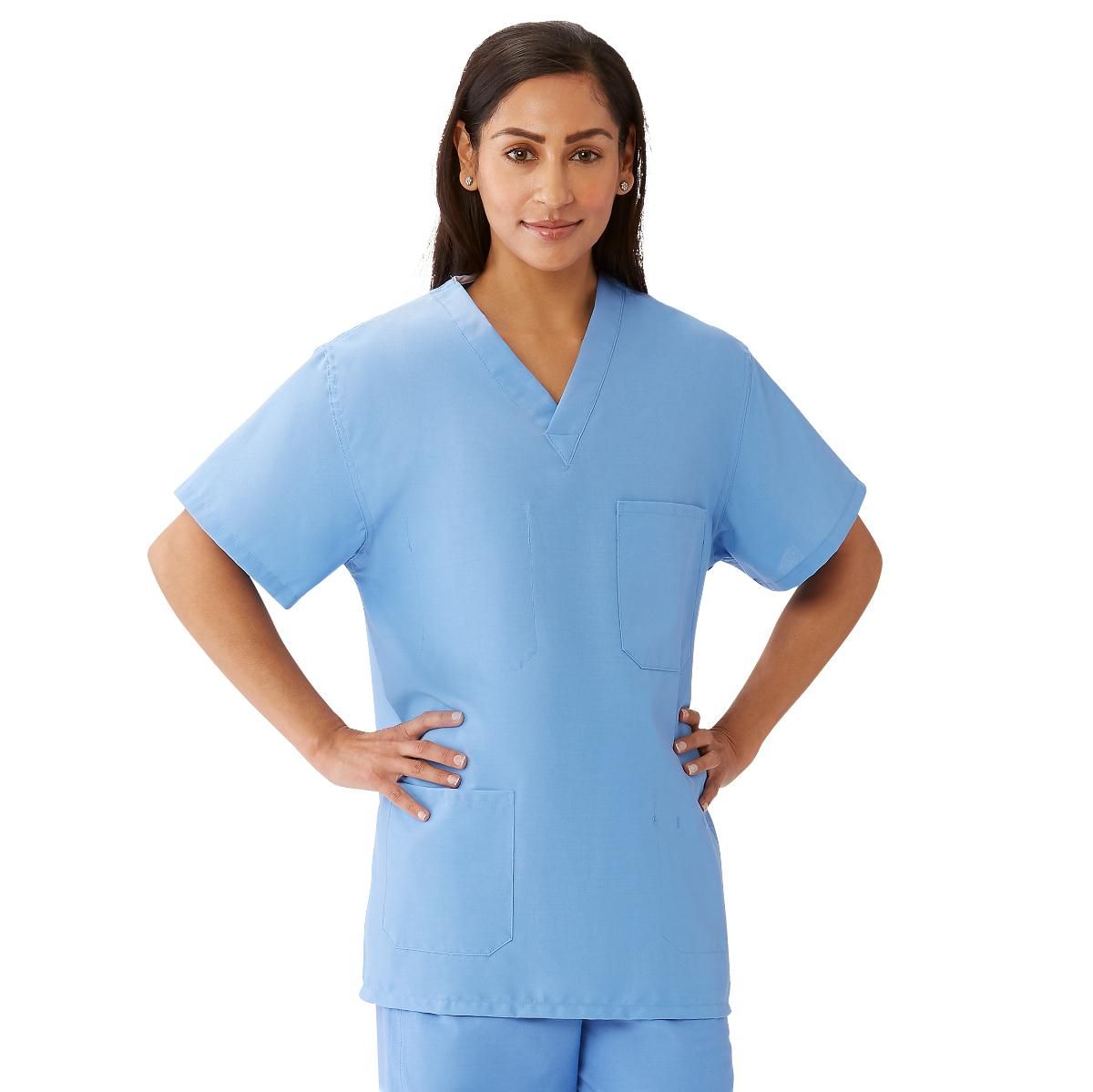 AngelStat Unisex Reversible V-Neck Scrub Top with 4 Pockets, Ceil Blue ...