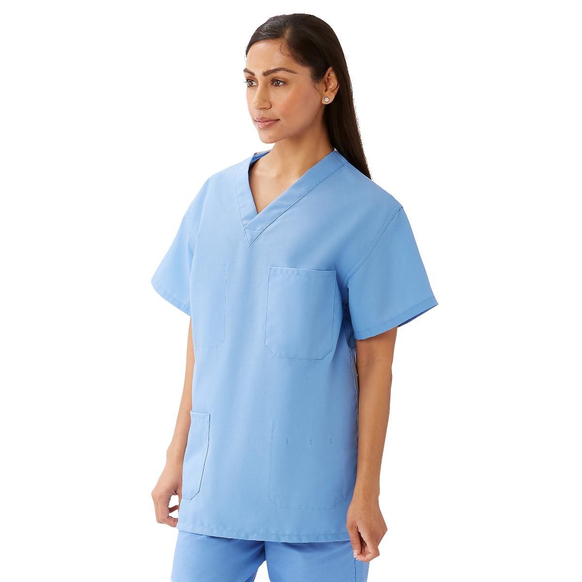 AngelStat Unisex Reversible V-Neck Scrub Top with 4 Pockets, Ceil Blue ...
