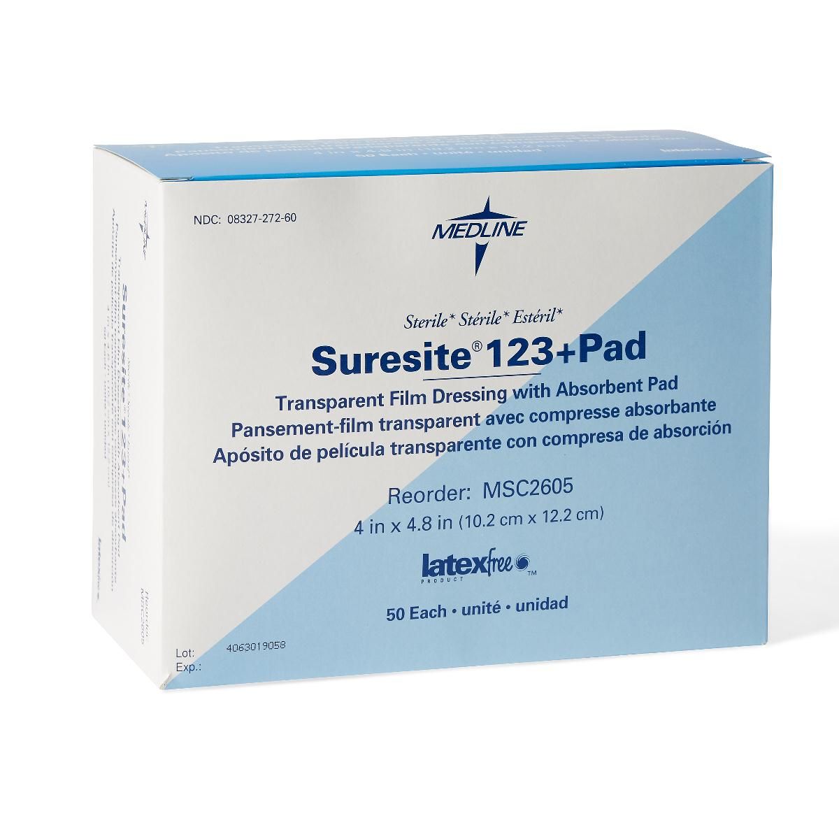 Suresite 123+ Transparent Film Dressing w Pad 4x4.8 50