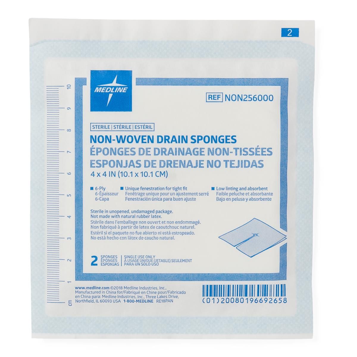 Medline Sterile Nonwoven Drain Sponge 2s 6ply 4x4 600Ct