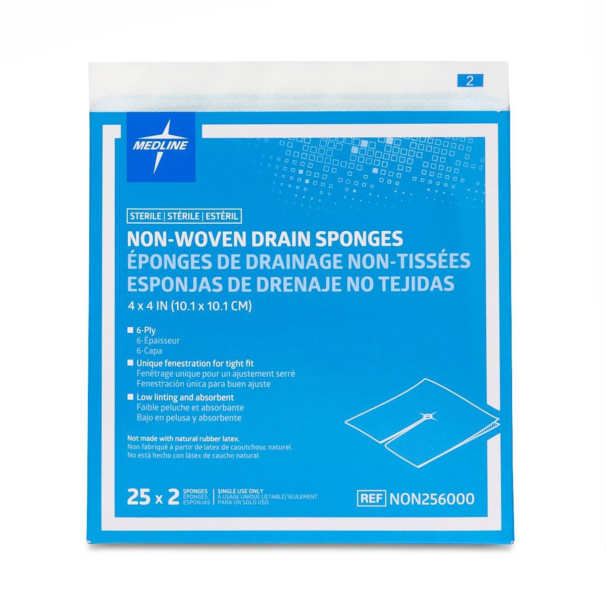 Medline Sterile Nonwoven Drain Sponge 2s 6ply 4x4 50Ct