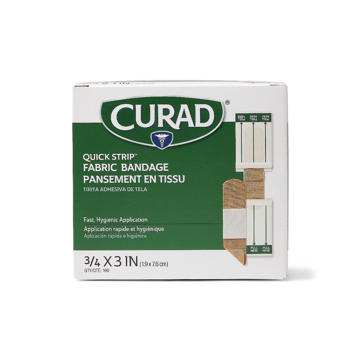 Curad Quick Strip Fabric Adhesive Bandages Strip 0.75in x 3in Natural 100Ct