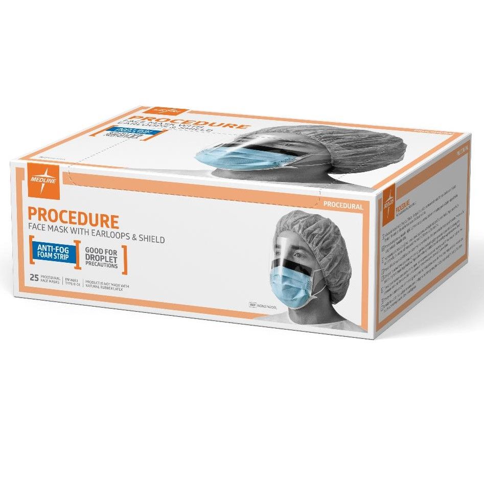 Medline Basic 3-Ply Antifog Face Mask with Eye Shield 25Ct