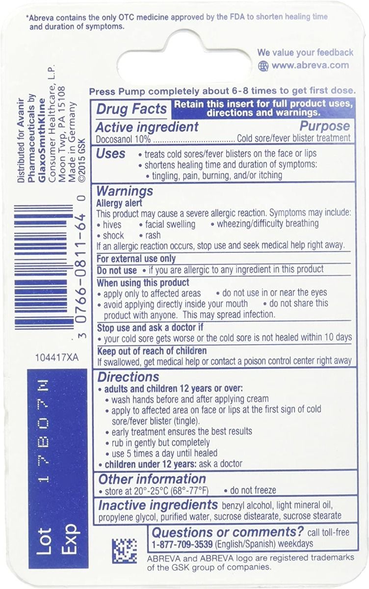 Abreva Cold Sore Treatment 2g Pump 1Ct