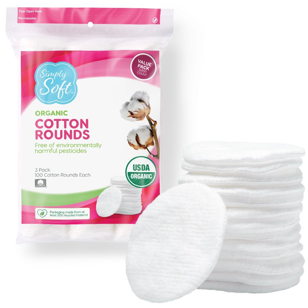 Simply Soft Premium Organic Cotton Rounds 300Ct