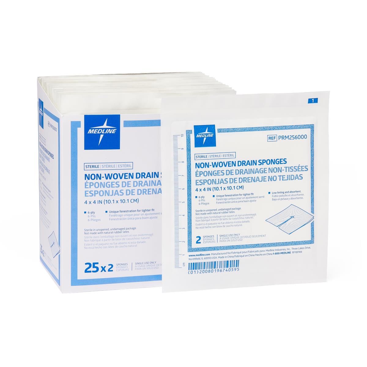 Medline Sterile Nonwoven Drain Sponge 2s 6ply 4x4 600Ct