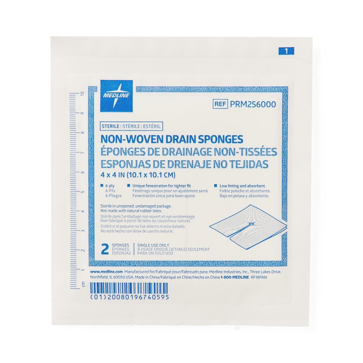 Medline Sterile Nonwoven Drain Sponge 2s 6ply 4x4 2Ct