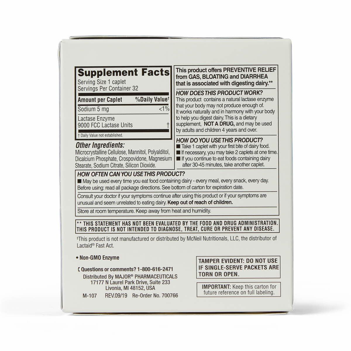Major Lactase Dairy Digestive Aid Caplets 9,000FCC 32Ct