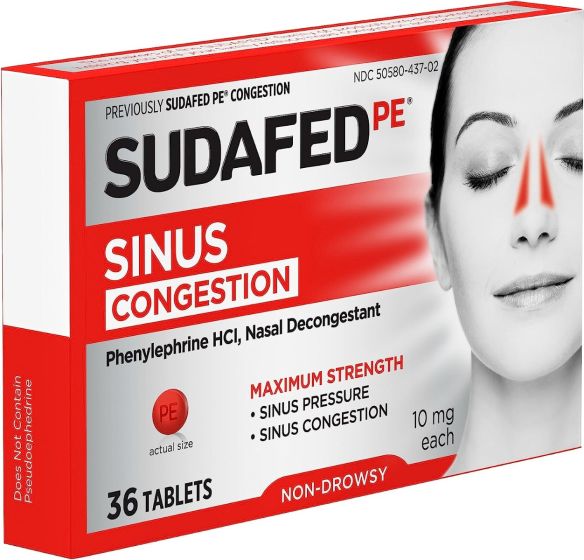 Sudafed PE Max Strength Sinus Congestion Relief 10mg 36Ct