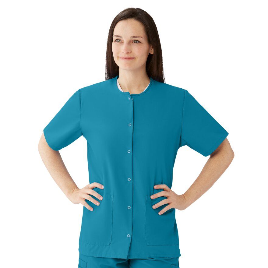 Medline Women's Snap-Front Jewel-Neckline Scrub Top, 2 Pockets, Peacock ...