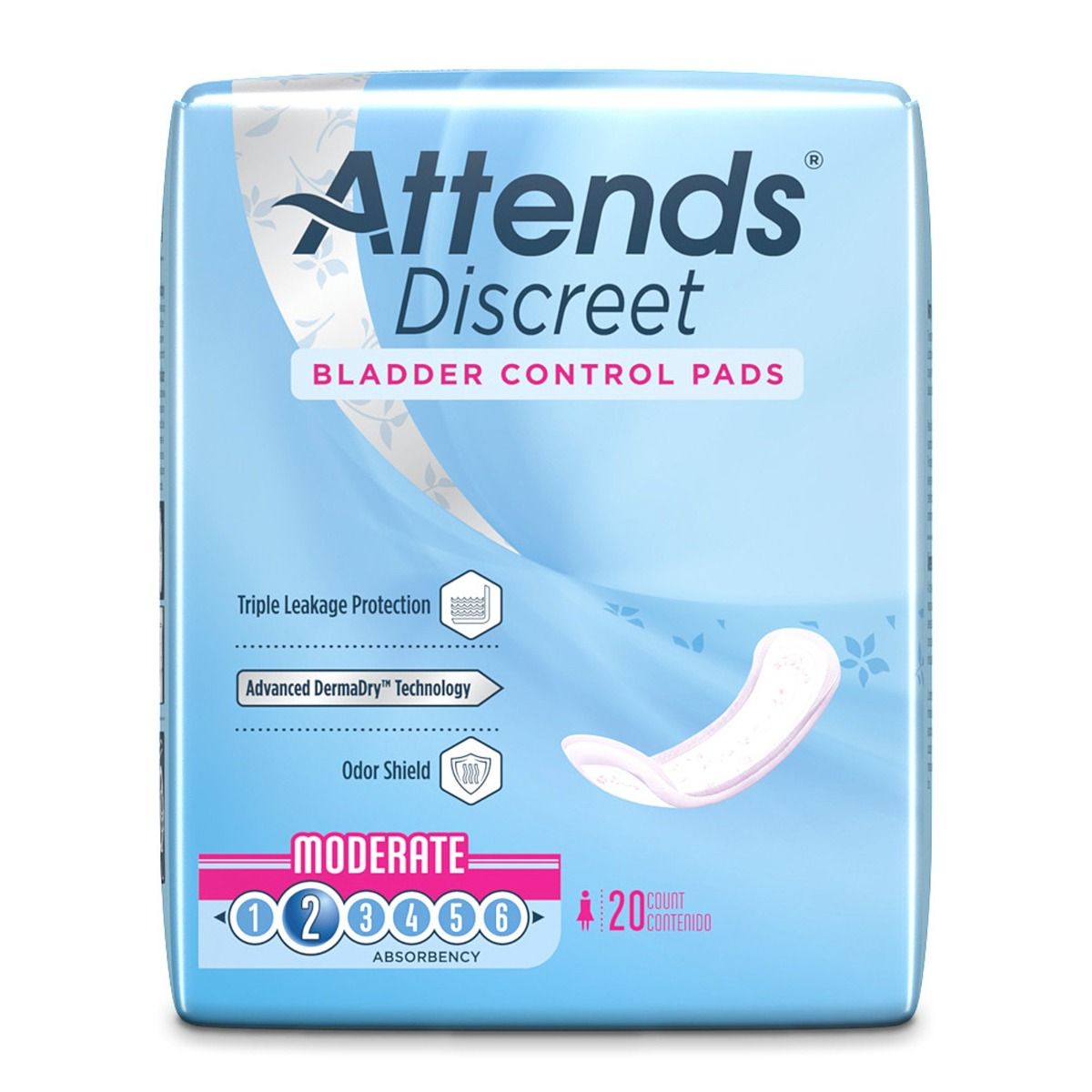 Women's Attends Discreet Bladder Pad 10.5in Level 2 20Ct