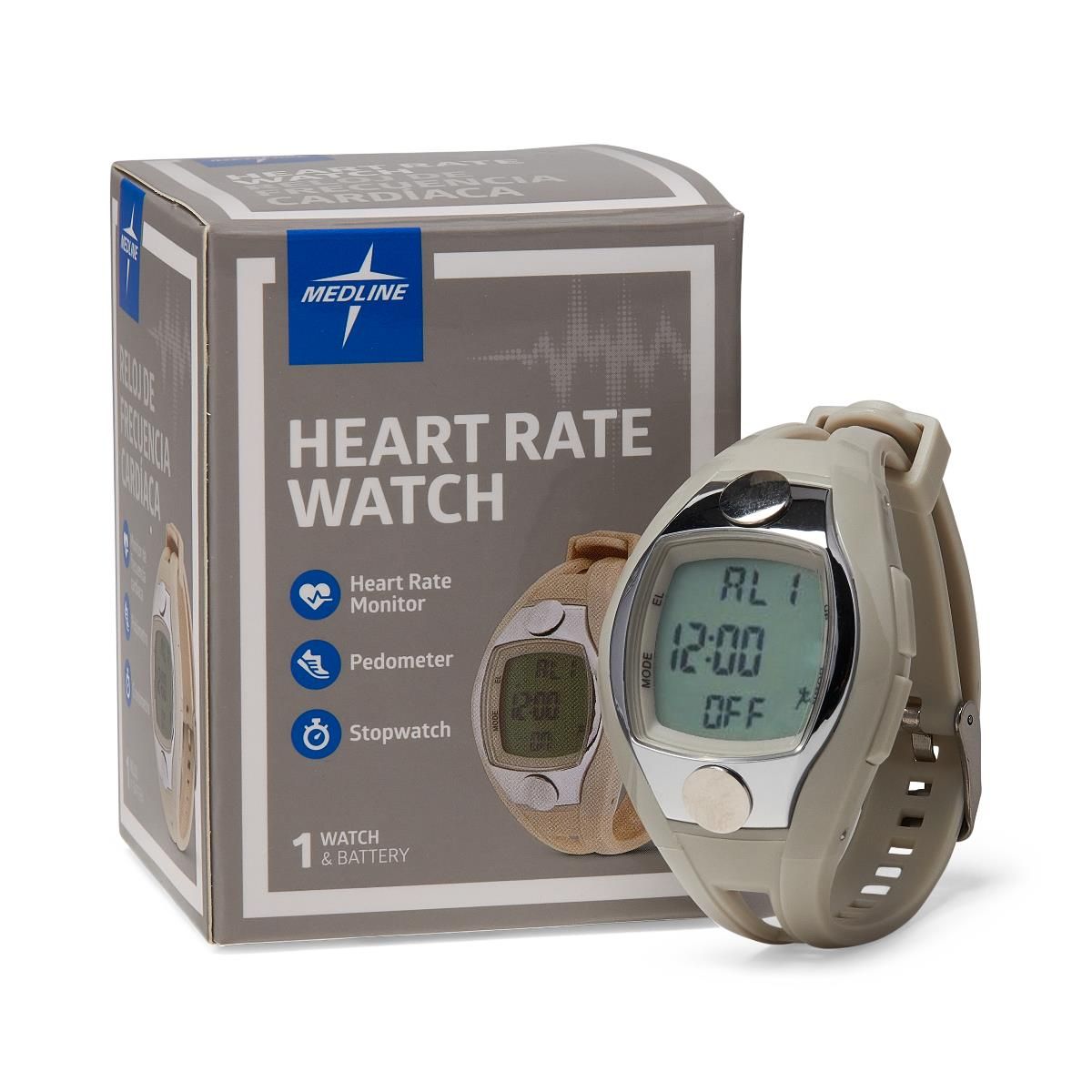 Medline Slim Heart Rate Monitor Pedometer Watch 1Ct