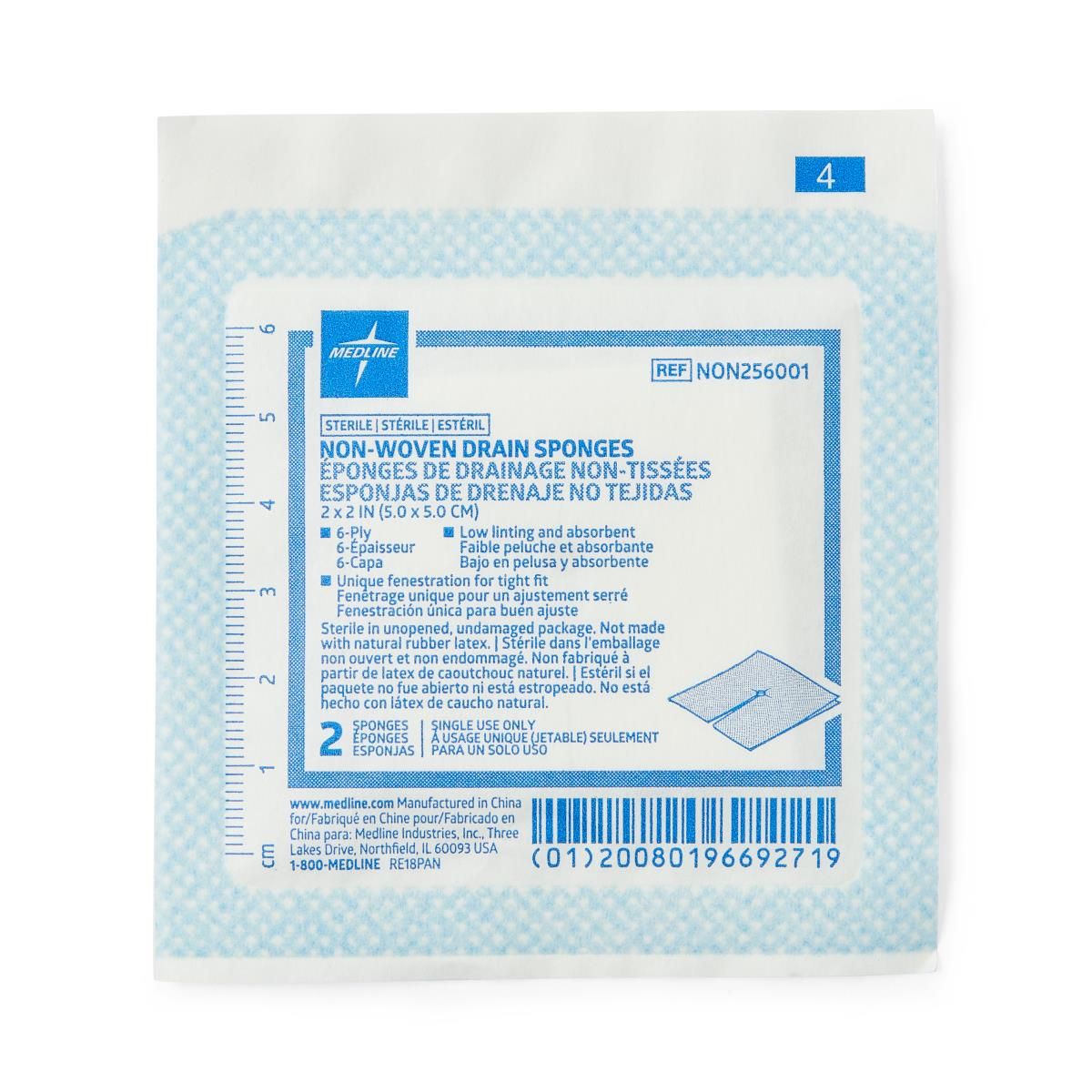 Medline Sterile Nonwoven Drain Sponge 2s 6ply IV 2x2 70Ct