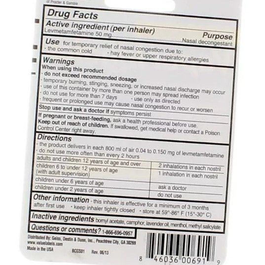 Nasal Decongestant Inhaler, Each