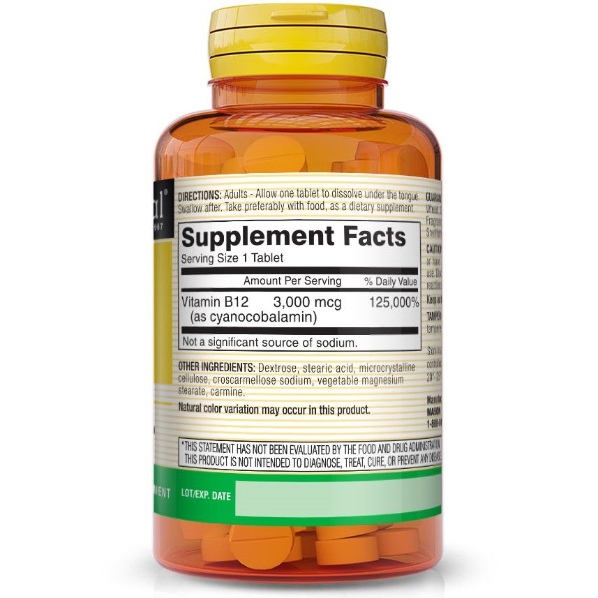 Mason Natural Quick Dissolve Vitamin B12 Tablet 3000mcg 100Ct