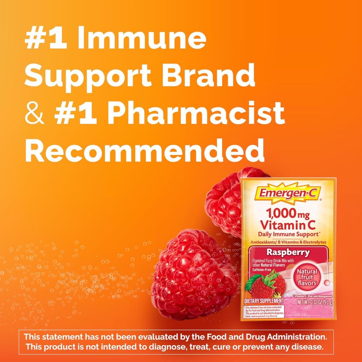 Emergen-C Immune Support Powder, 1000 mg, Raspberry Flavor, 30 Packets ...