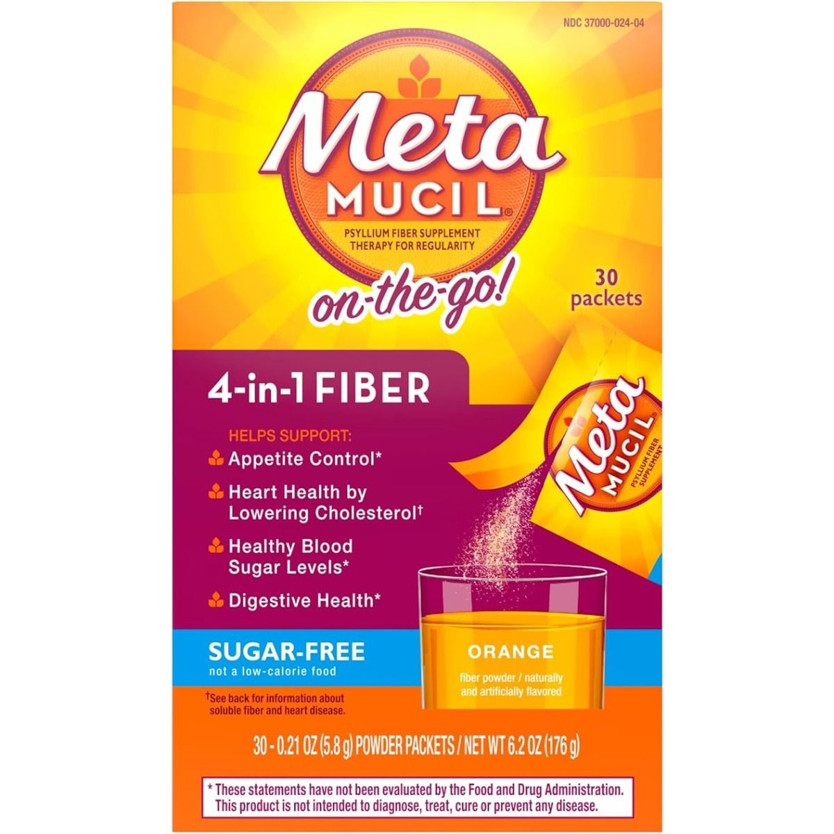Metamucil Fiber Powder Packets Sugar Free Orange 30Ct