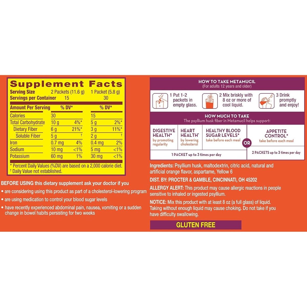 Metamucil Fiber Powder Packets Sugar Free Orange 30Ct