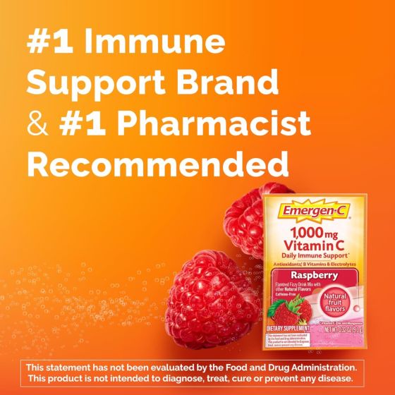 Emergen-C Immune Support Powder, 1000 mg, Raspberry Flavor, 30 Packets ...