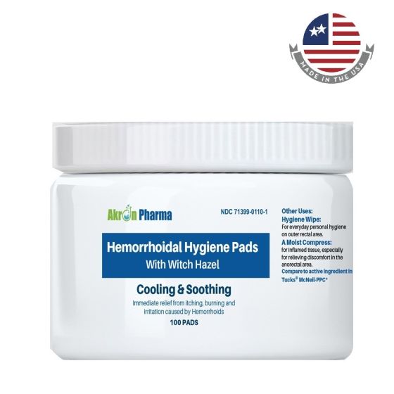 Akron Pharma Hemorrhoid Hygiene Pads w Witch Hazel 100Ct