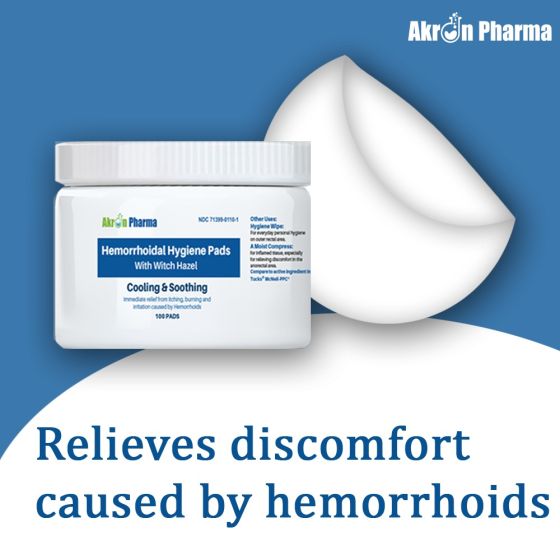 Akron Pharma Hemorrhoid Hygiene Pads w Witch Hazel 100Ct