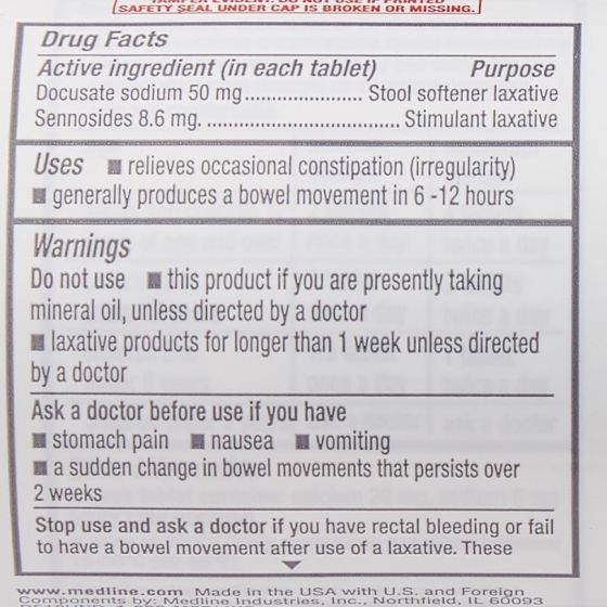Medline Senna-S Natural Vegetable Laxative Stool Softener 60Ct