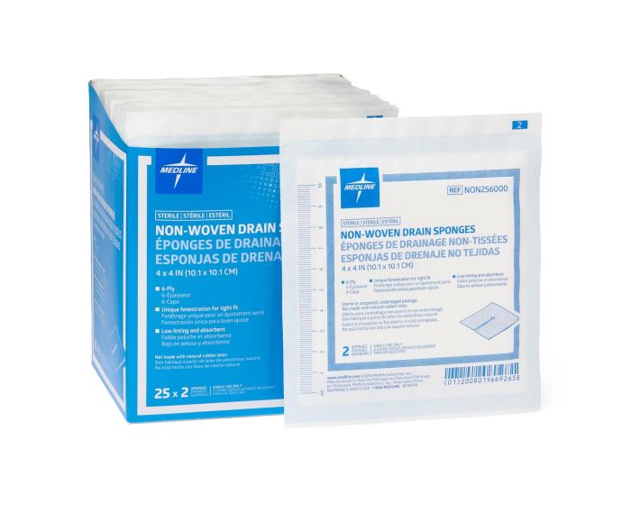 Medline Sterile Nonwoven Drain Sponge 2s 6ply 4x4 50Ct