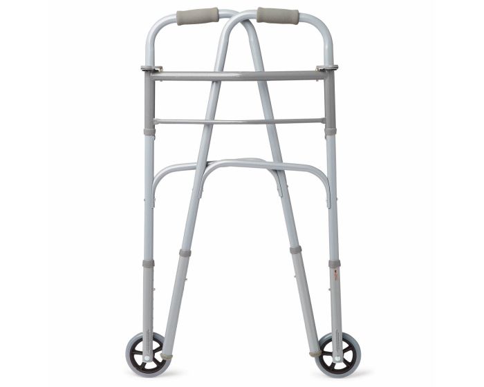 Medline 2-Button Folding Walker w 5in Wheels 400lb 4Ct