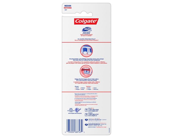 Colgate 360 Manual Toothbrush with Tongue and Cheek Cleaner, Medium, 4Ct