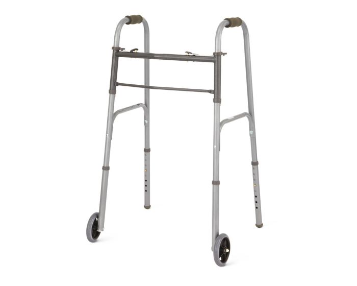 Medline 2-Button Folding Walker w 5in Wheels 400lb 1Ct