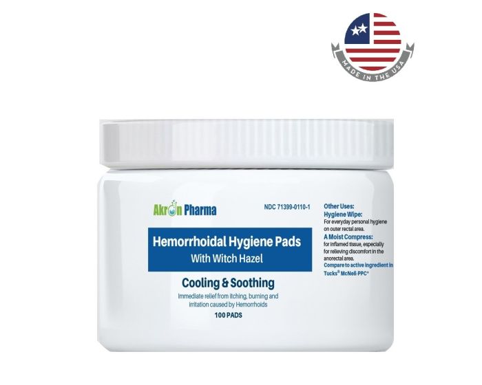Akron Pharma Hemorrhoid Hygiene Pads w Witch Hazel 100Ct