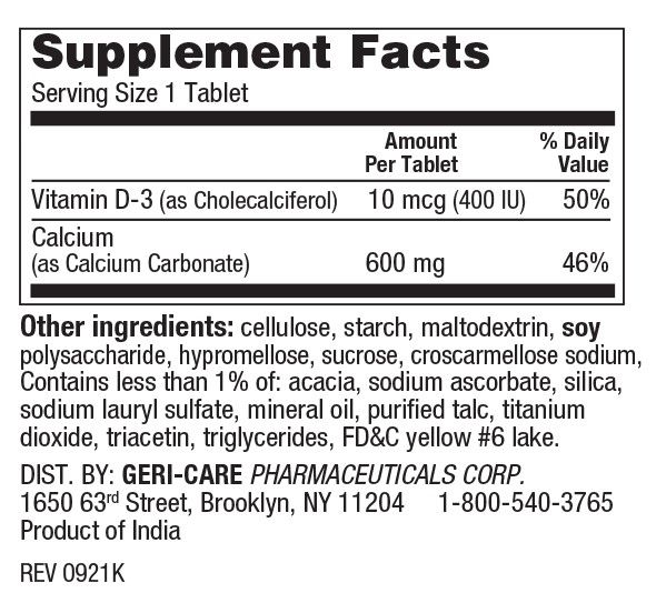 GeriCare Calcium 600mg + Vitamin D3 400IU Tablet 60Ct