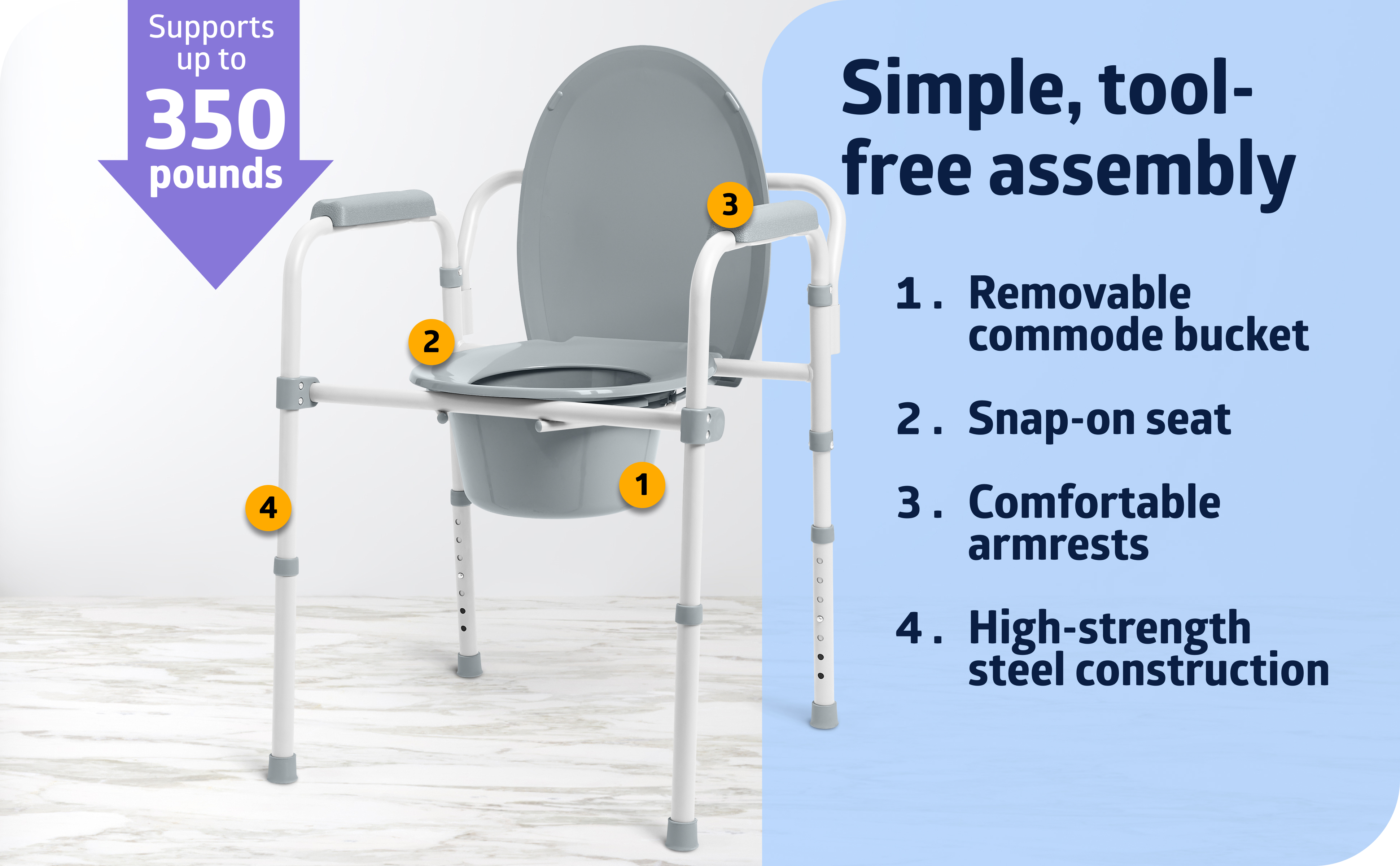 Medline 3-in-1 Elongated Steel Commode 350lb Cap 1Ct